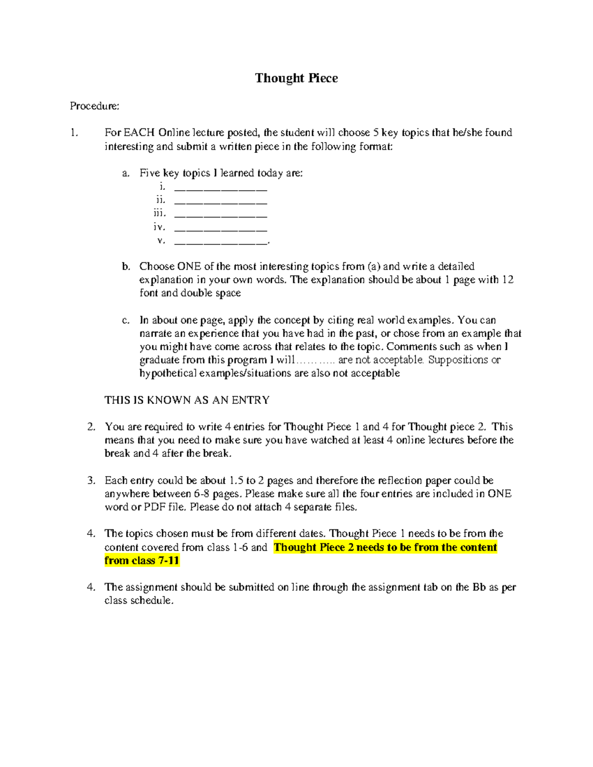 Thought Piece 2 in classes - Thought Piece Procedure: For EACH Online ...