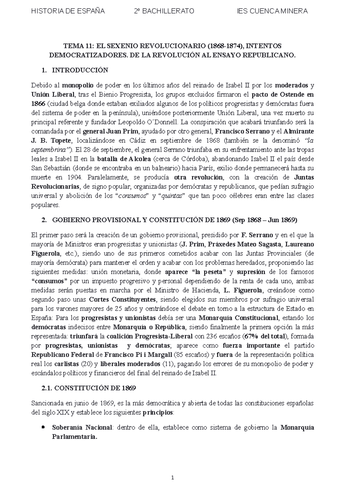 TEMA 11. Sexenio Revolucionario - TEMA 11: EL SEXENIO REVOLUCIONARIO (1868-1874), INTENTOS - Studocu