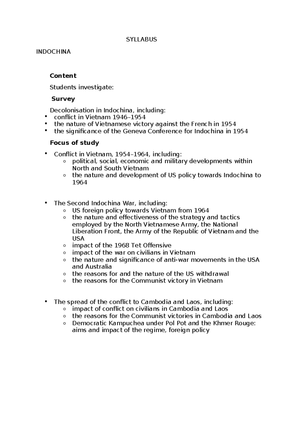 Syllabus Modern - SYLLABUS INDOCHINA Content Students investigate ...
