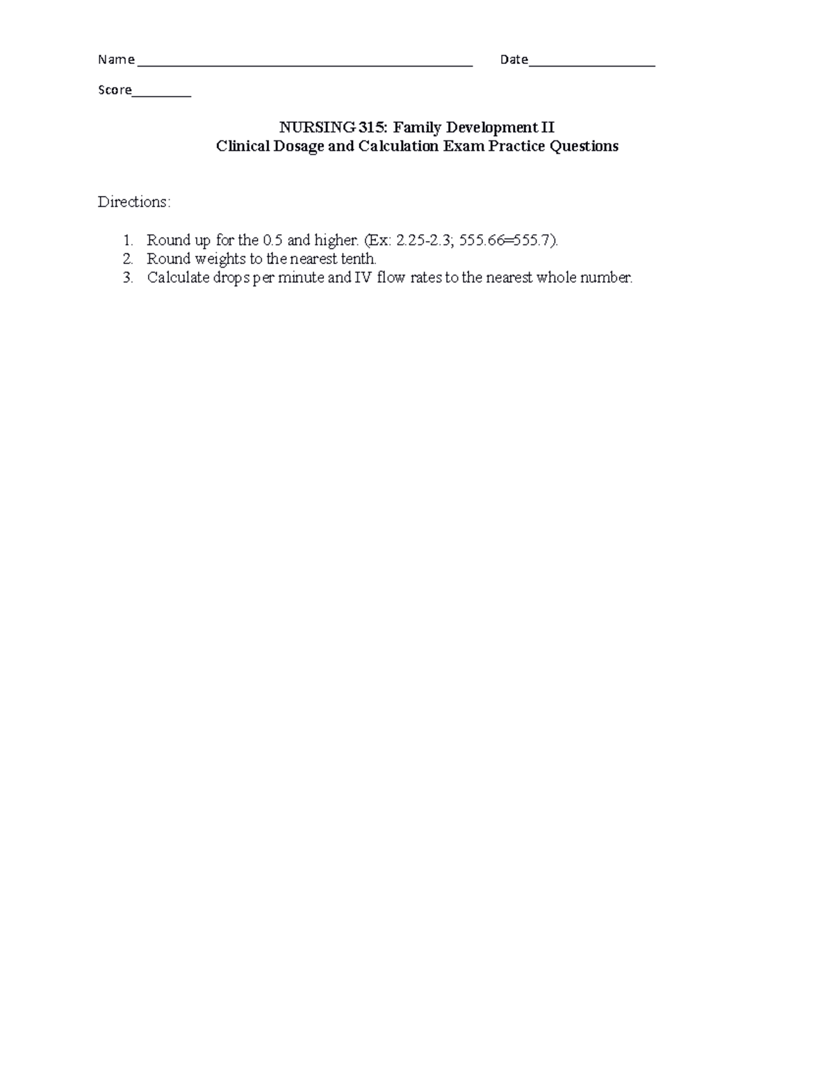 Dosage Calculation Practice Questions - Name
