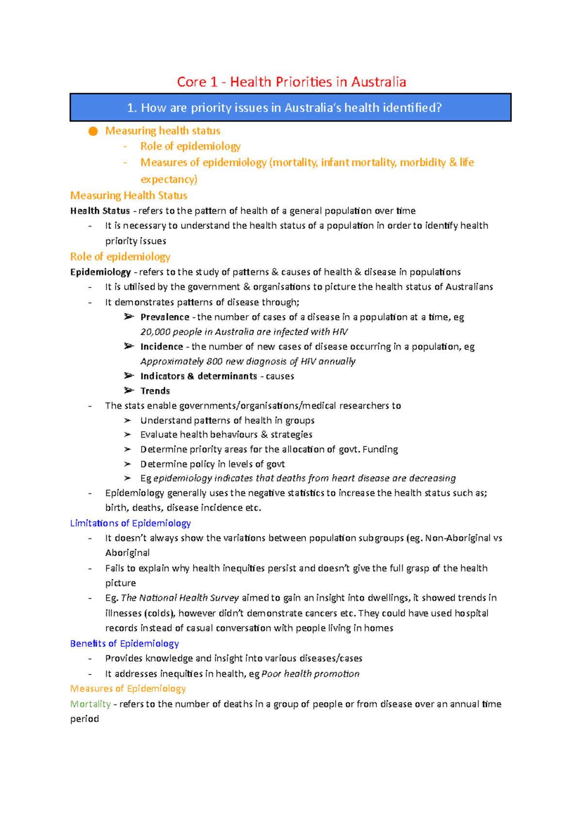 Health priorities summary notes - Core 1 - Health Priorities in ...