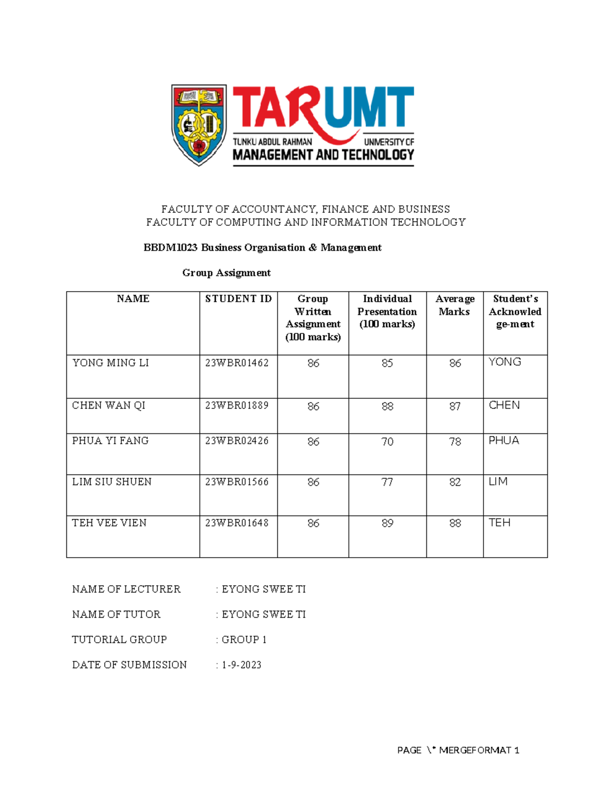 Business assignment - FACULTY OF ACCOUNTANCY, FINANCE AND BUSINESS FACULTY OF COMPUTING AND ...