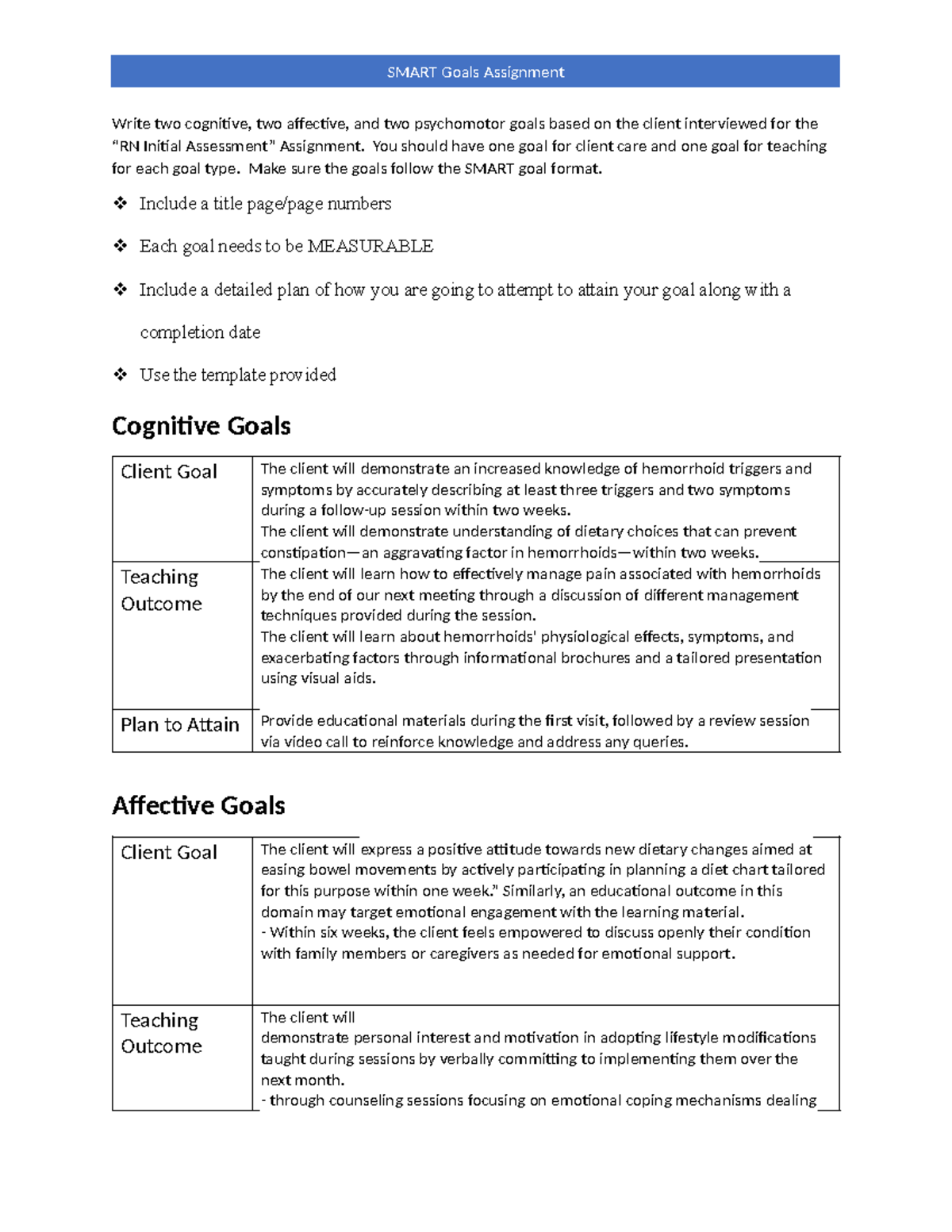 Smart Goals Assignment - Write two cognitive, two affective, and two ...