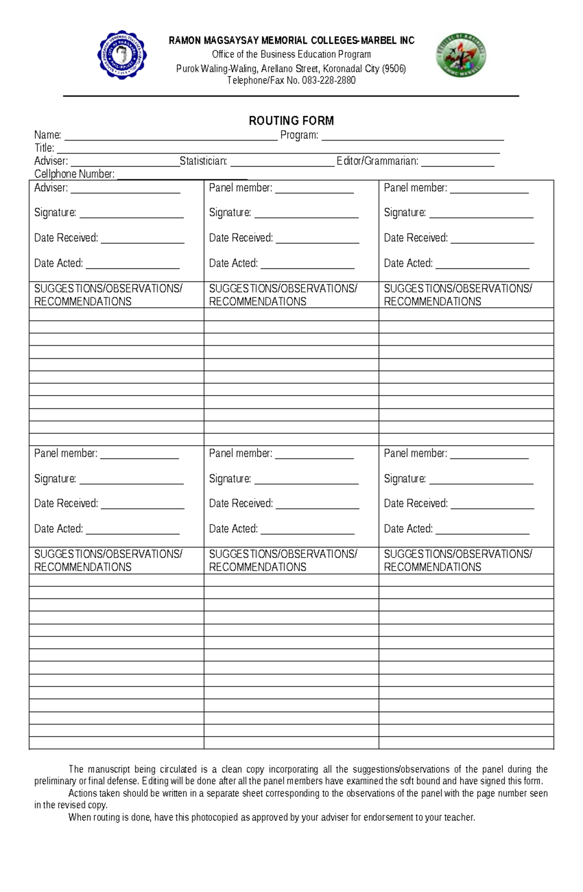 Routing-form - ROUTING FORM FOR 4th Year - RAMON MAGSAYSAY MEMORIAL ...