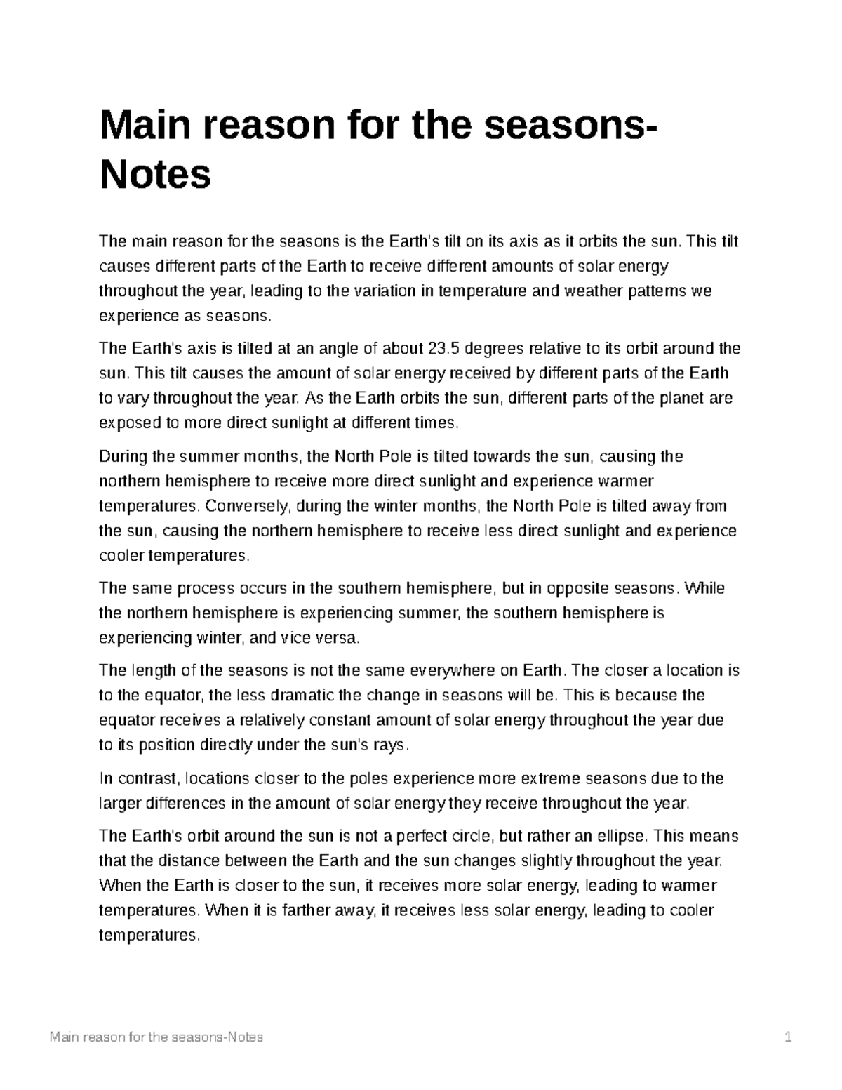 Main reason for the seasons-Notes - This tilt causes different parts of ...