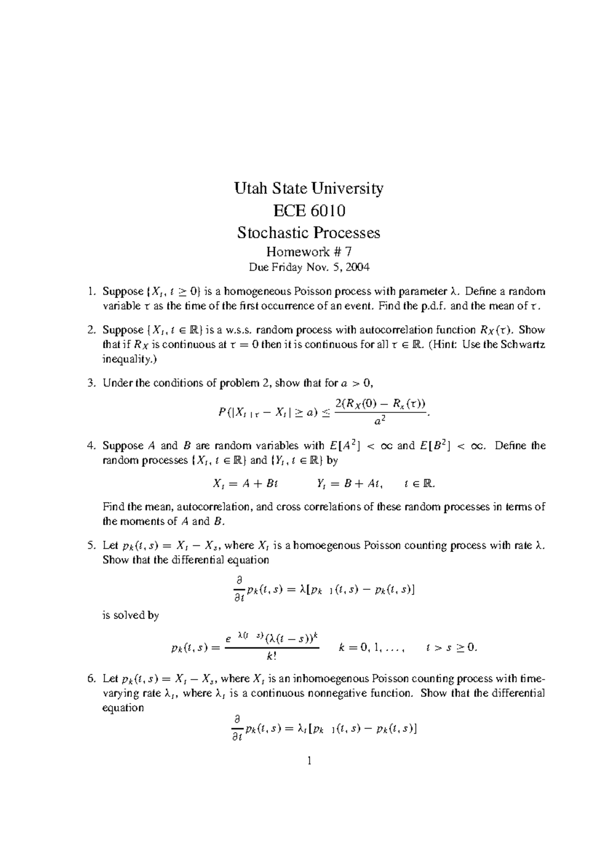 Homework 7 - Spring 2006 - Utah State University ECE 6010 Stochastic ...