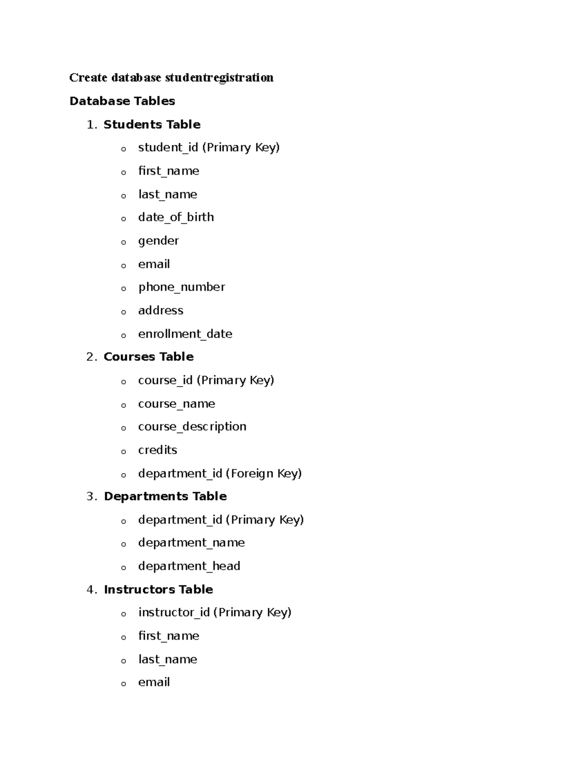 The student registration system - Create database studentregistration ...