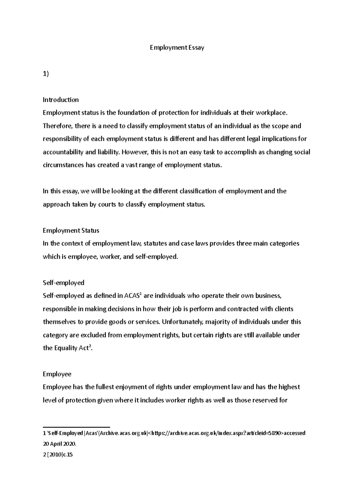 Classification of Employment Status - Employment Essay Introduction ...