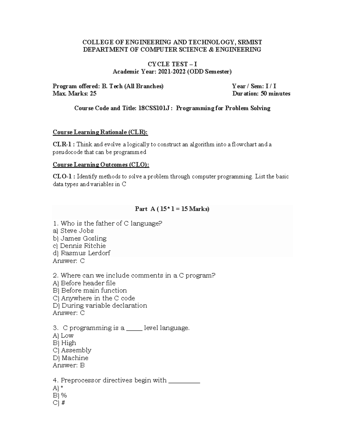Pps Ct1 Mcq Answer Key Pps Notes From 2022 2023 College Of Engineering And Technology