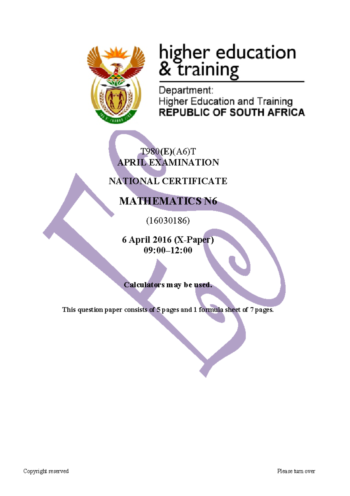 N6 Mathematics April 2016 Examination paper - 23e3 - Studocu