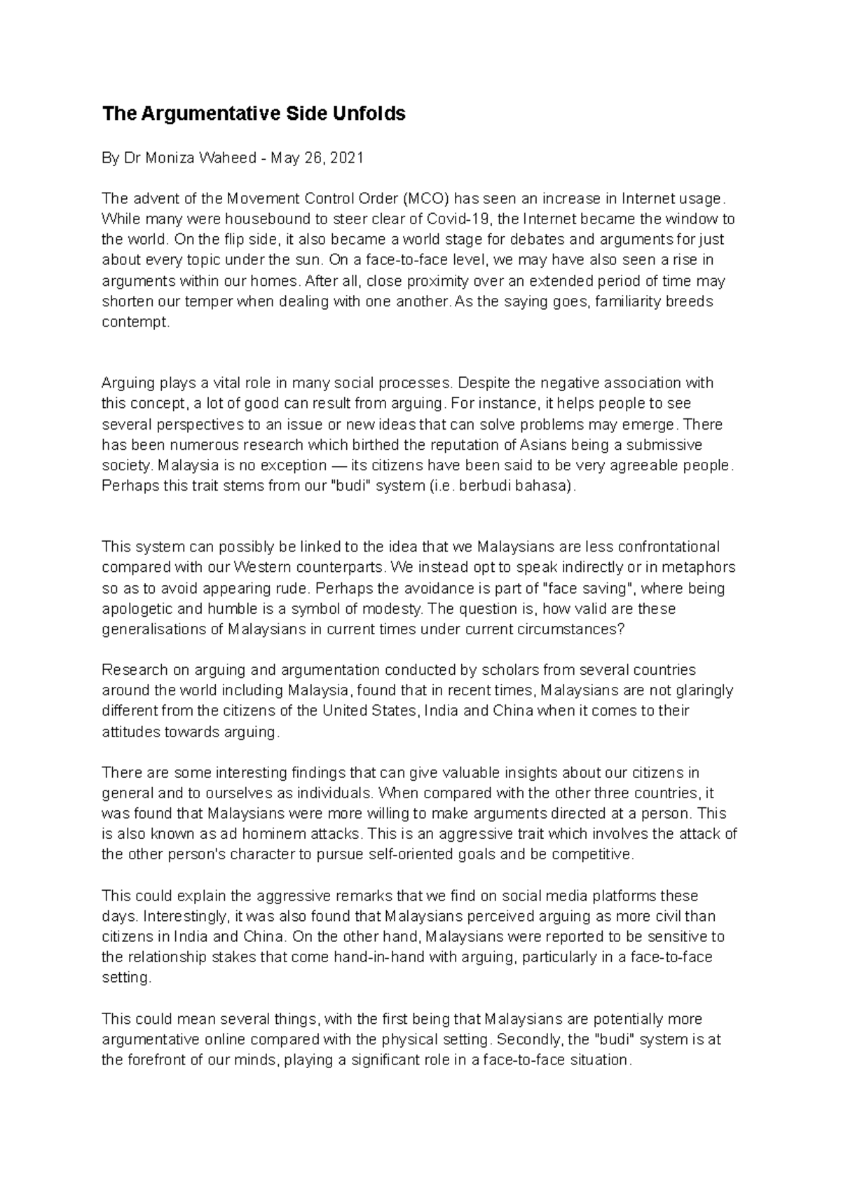 Article 2 - The Argumentative Side Unfolds By Dr Moniza Waheed - May 26 ...