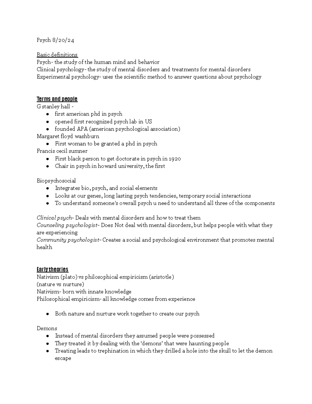 Psych 111 - Psych 8/20/ Basic definitions Psych- the study of the human ...