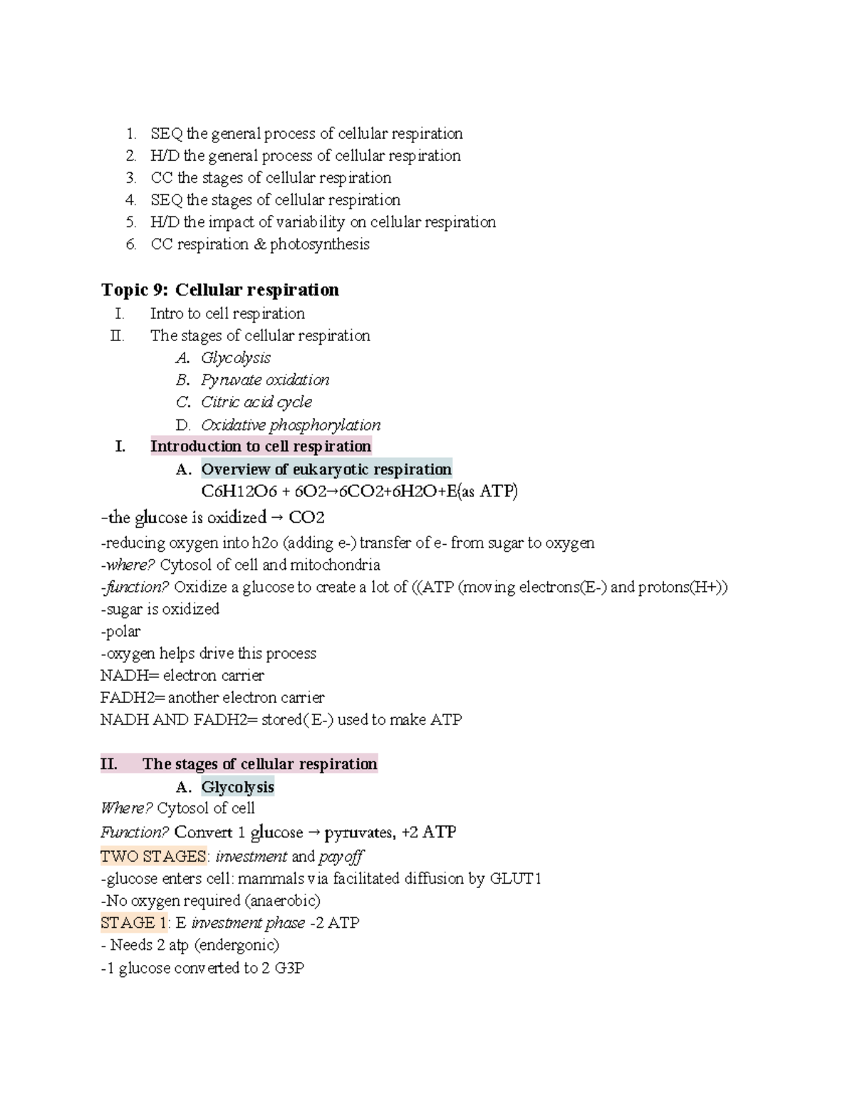 Topic 9 Cellular Respiration - SEQ the general process of cellular ...