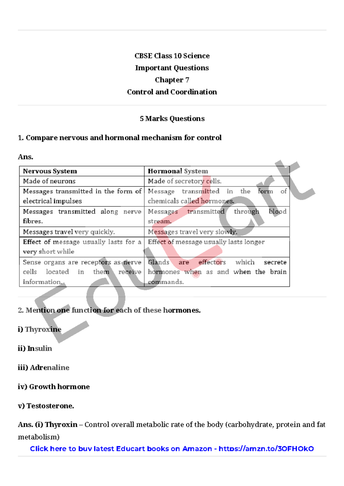 5 marks(Control and Coordination) - CBSE Class 10 Science Important Questions Chapter 7 Control ...