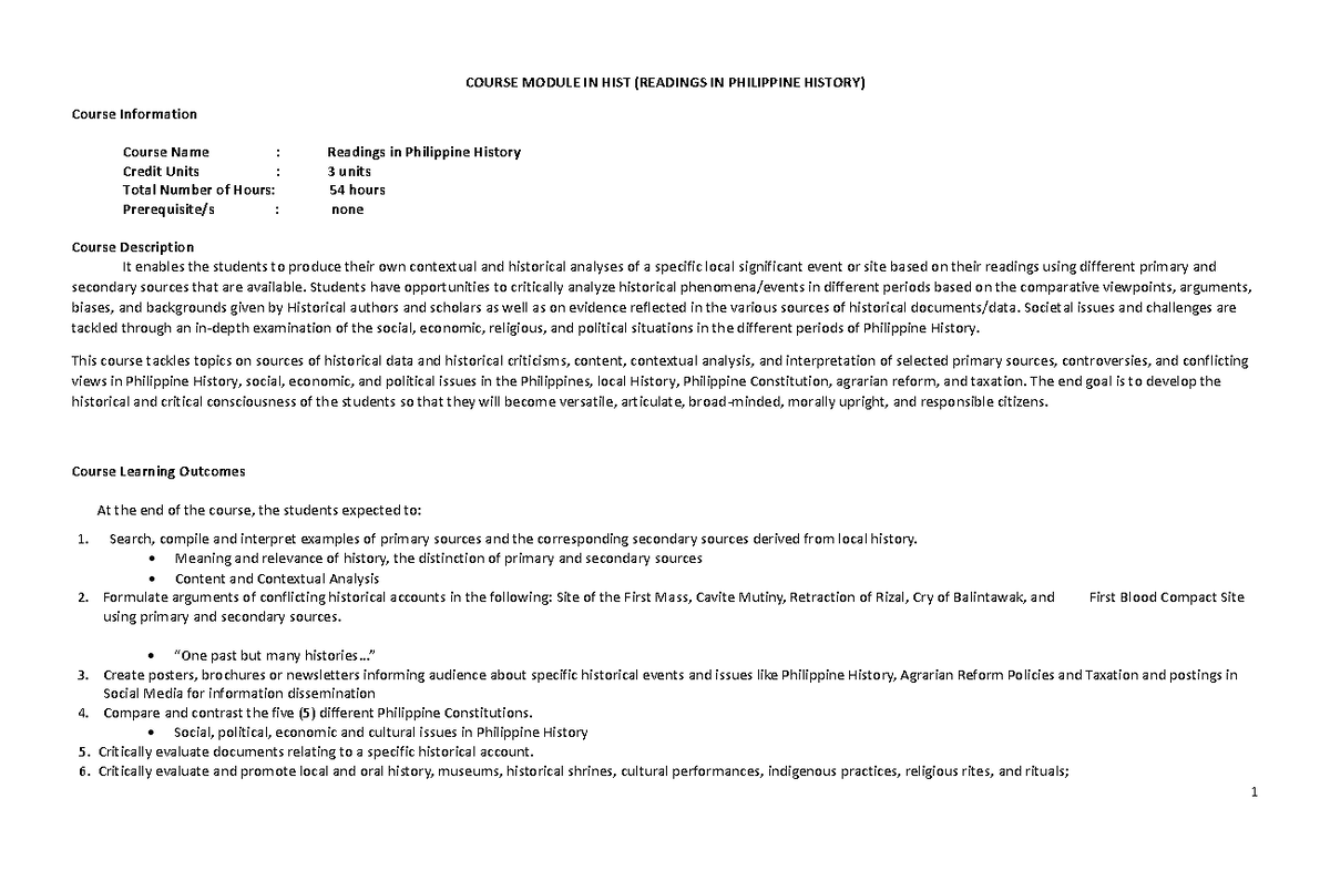 Recablirated+Syllabus - COURSE MODULE IN HIST (READINGS IN PHILIPPINE ...