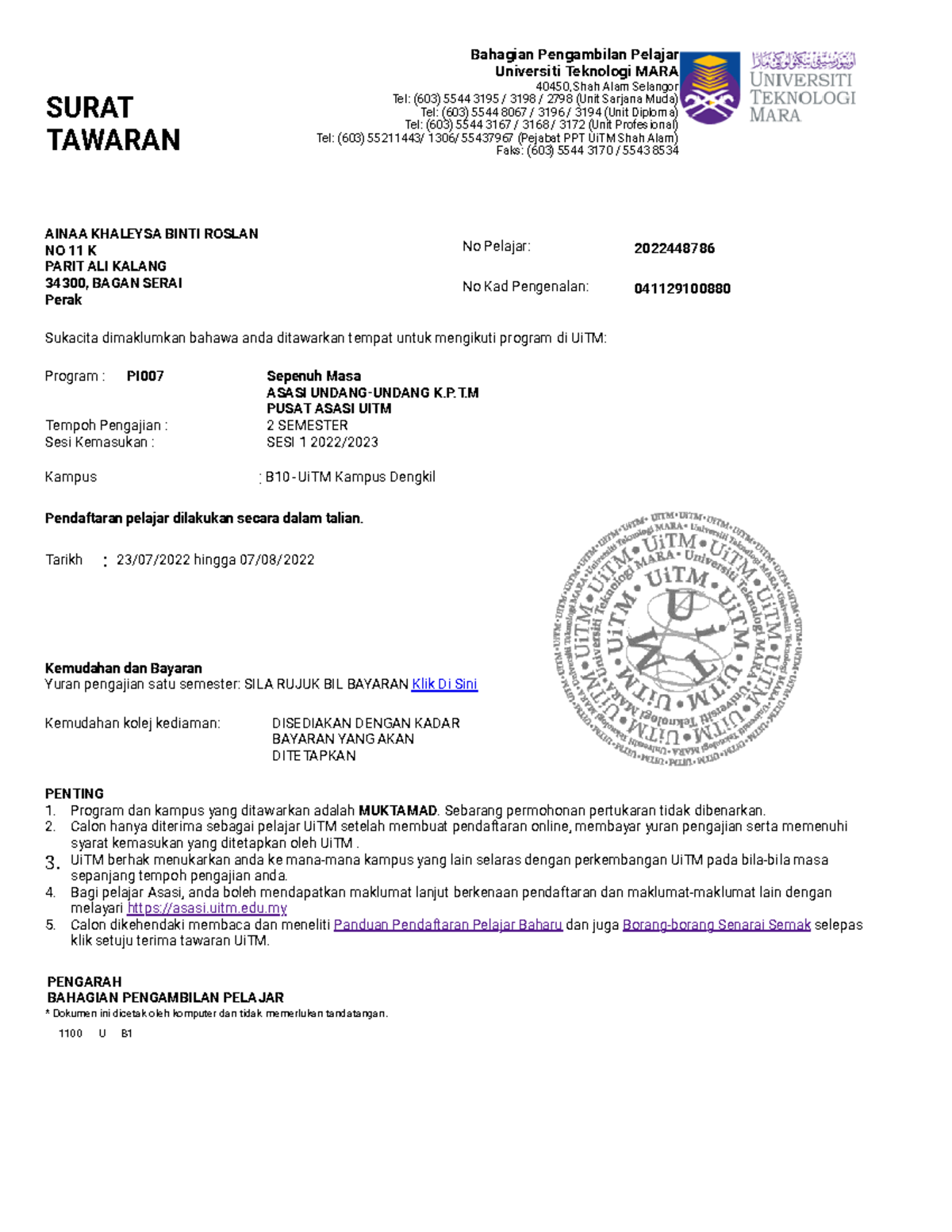 UITM Intake - Beginner - SURAT TAWARAN Bahagian Pengambilan Pelajar ...