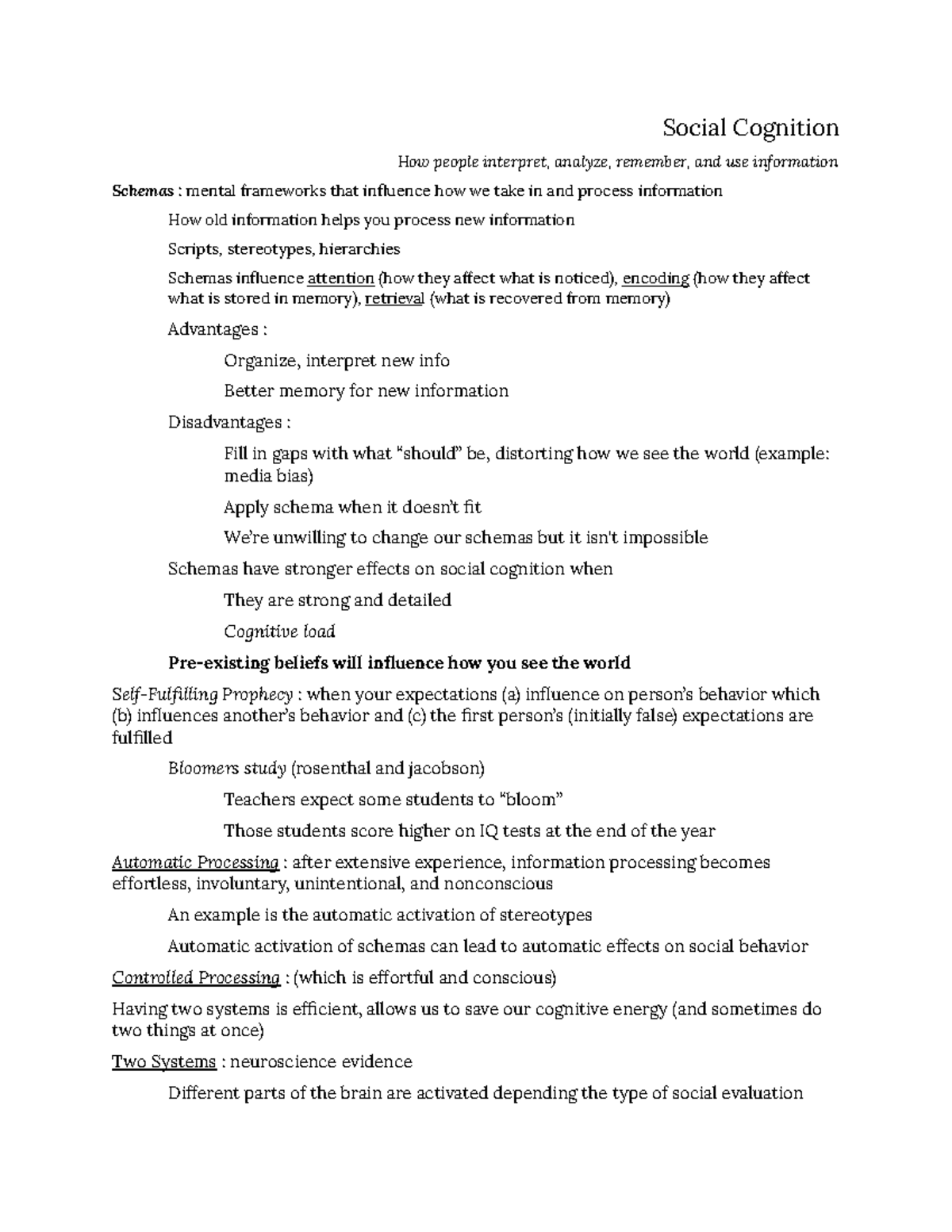 Social Cognition - These are the lecture notes I had taken in class ...