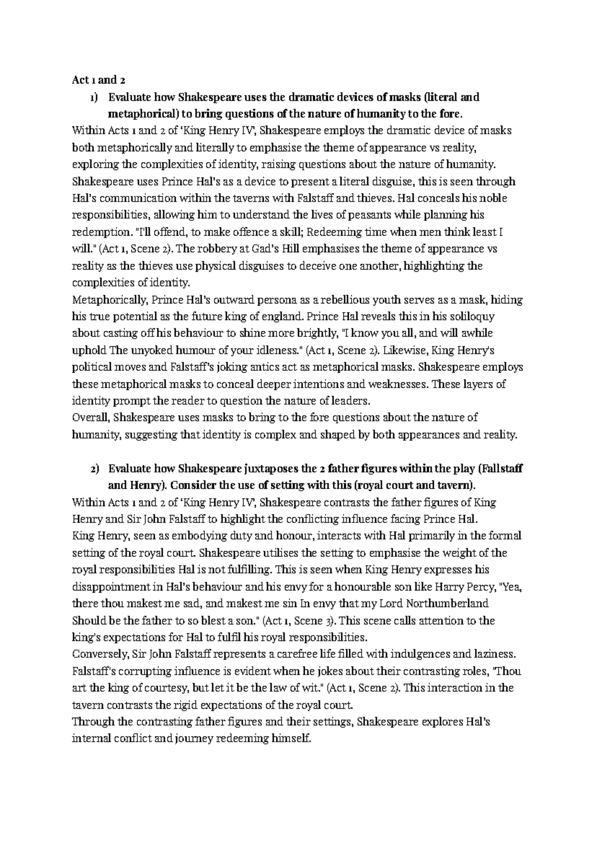 King Henry IV Mini Essays - Act 1 and 2 1) Evaluate how Shakespeare ...
