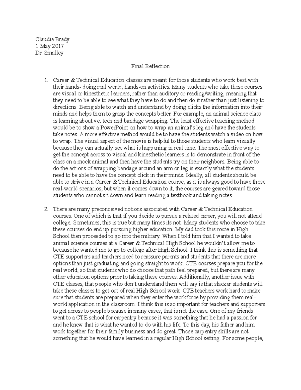 Final Reflection - Grade: A - Claudia Brady 1 May 2017 Dr. Smalley ...