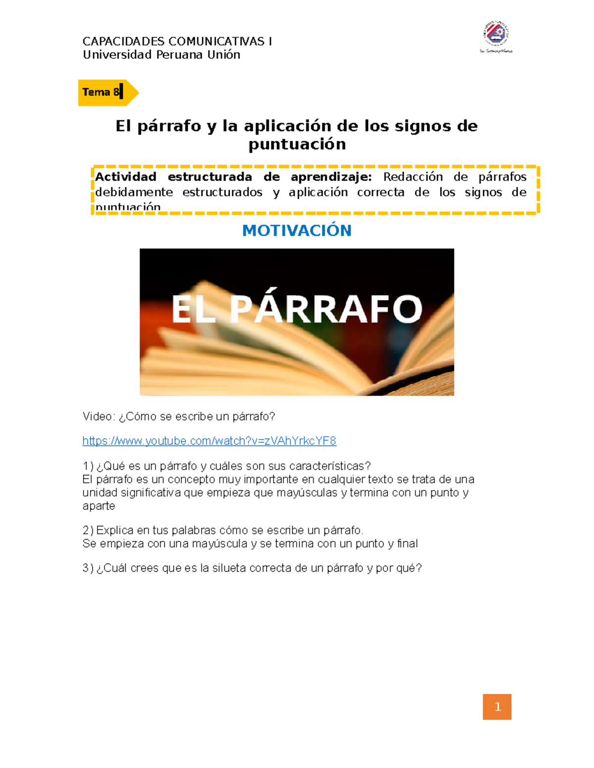 Tema 8 - Párrafo y signos de puntuación - Universidad Peruana Unión ...