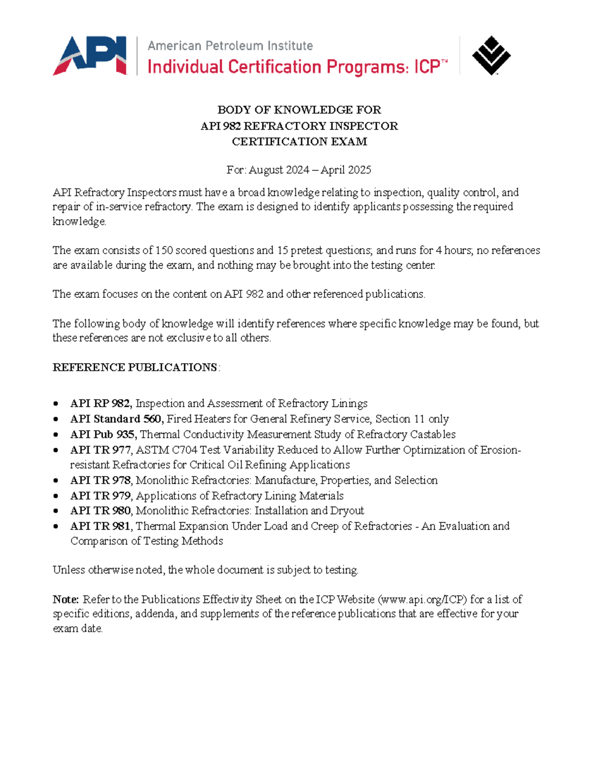 BOK 982 2024 final - BODY OF KNOWLEDGE FOR API 982 REFRACTORY INSPECTOR CERTIFICATION EXAM For ...