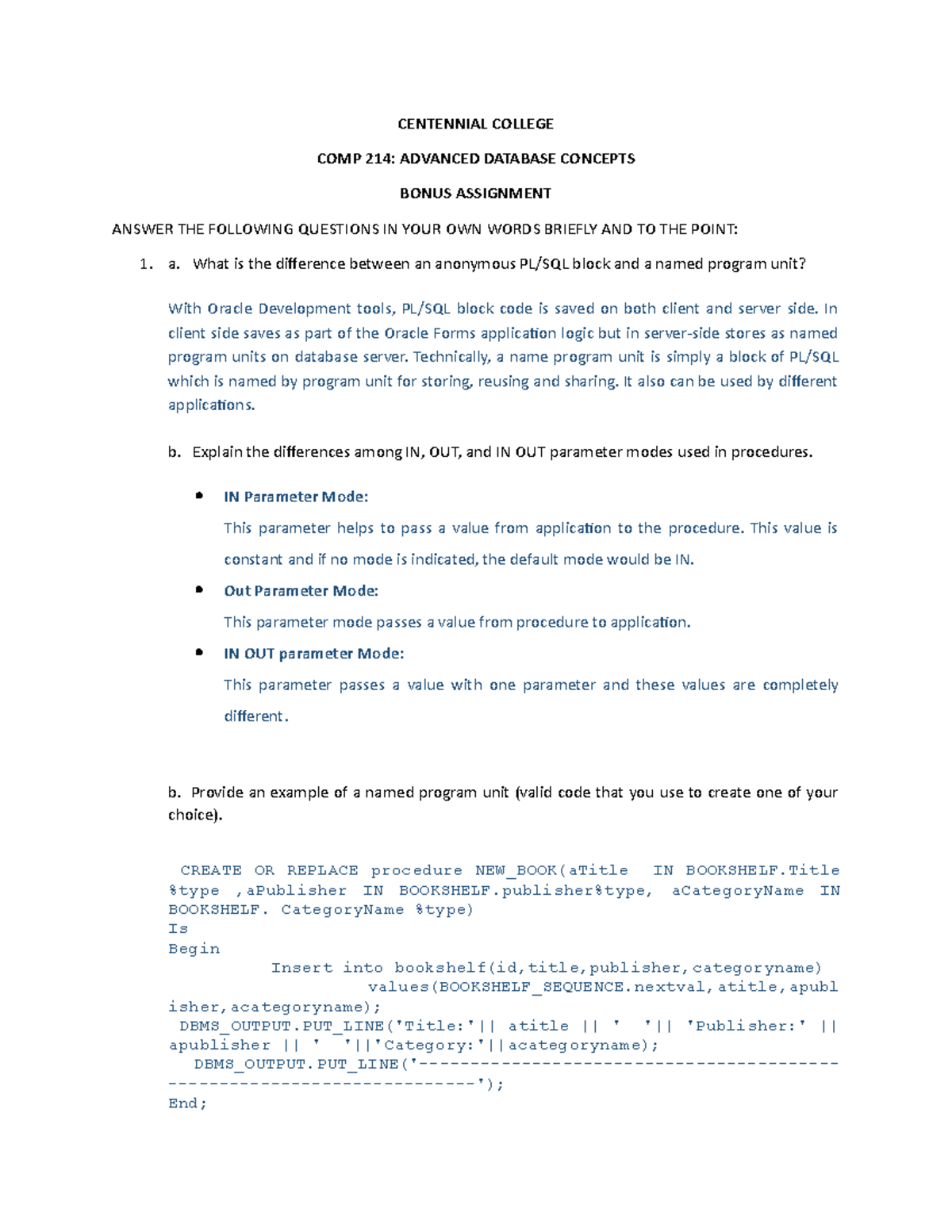 Bonus - DataBase - CENTENNIAL COLLEGE COMP 214: ADVANCED DATABASE CONCEPTS BONUS ASSIGNMENT ...