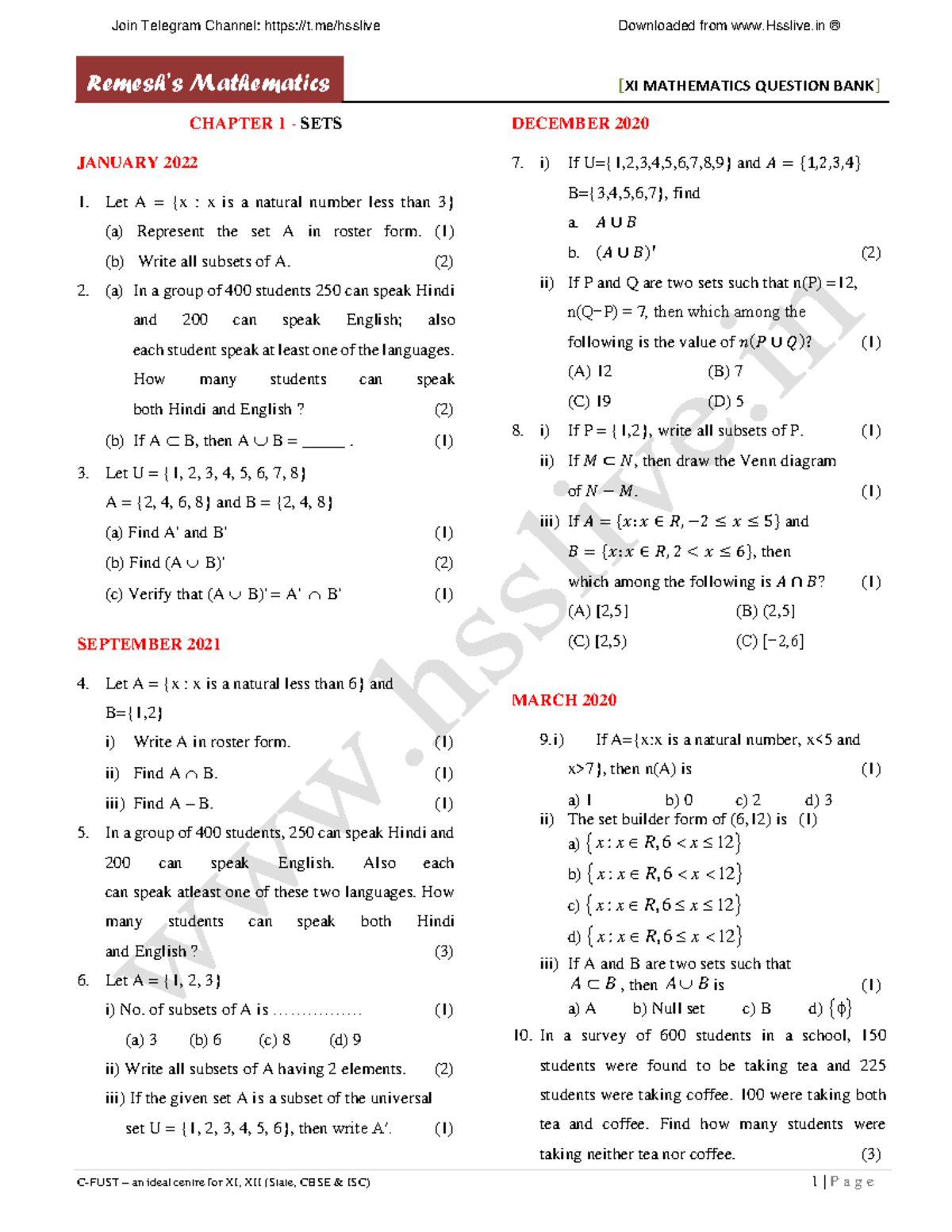 Hsslive-xi-maths-qb-remesh-1. SETS - Remesh’s Mathematics [XI MATHEMATICS QUESTION BANK] CHAPTER ...