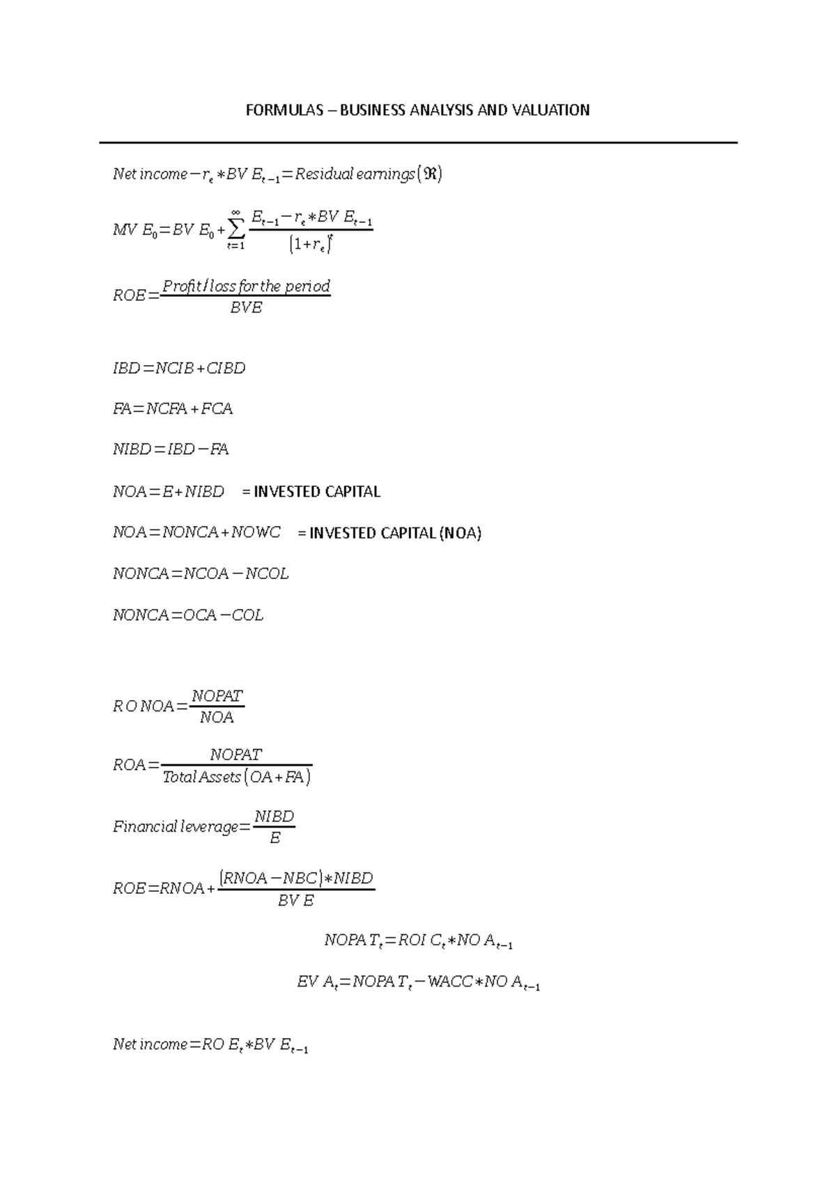 Formulas, business analysis and valuation - FORMULAS BUSINESS ANALYSIS ...
