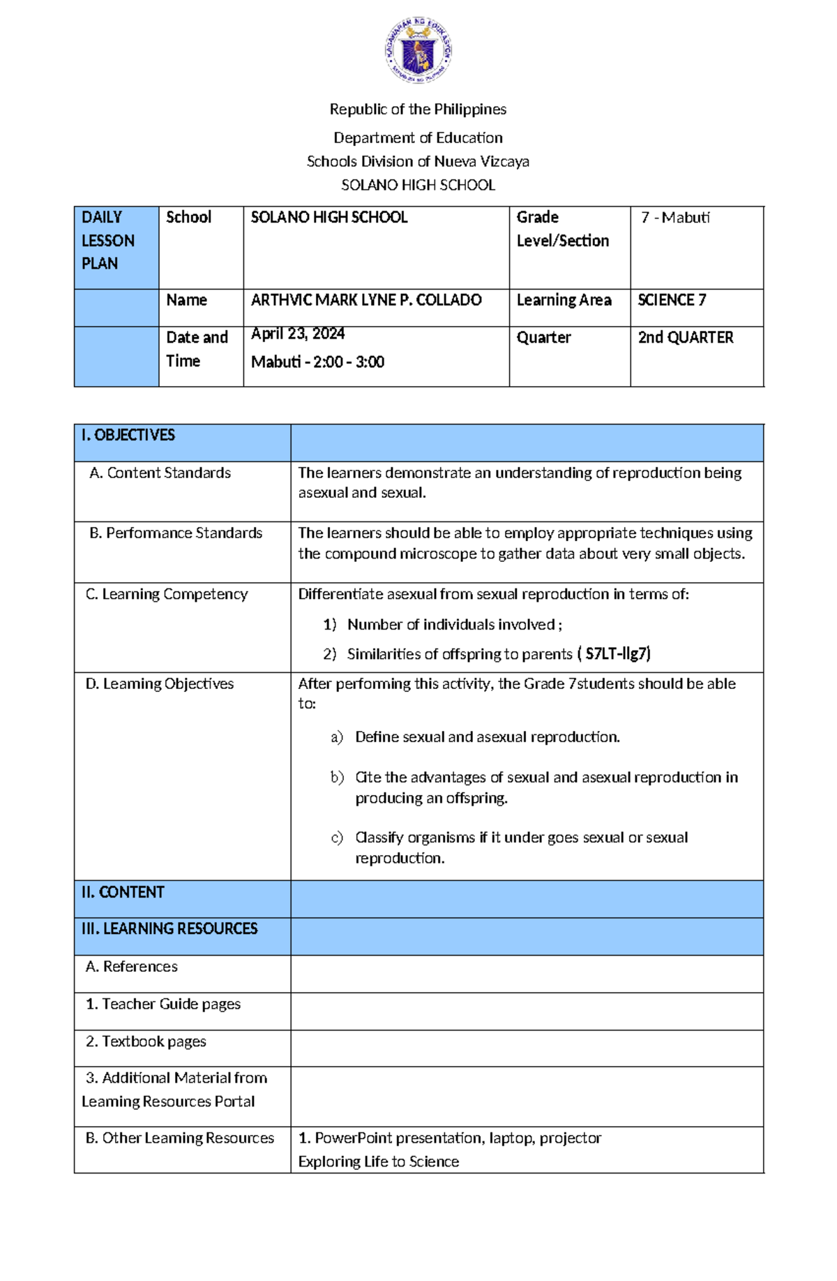 Grade & DEMO Teaching Ngayon - Republic of the Philippines Department ...