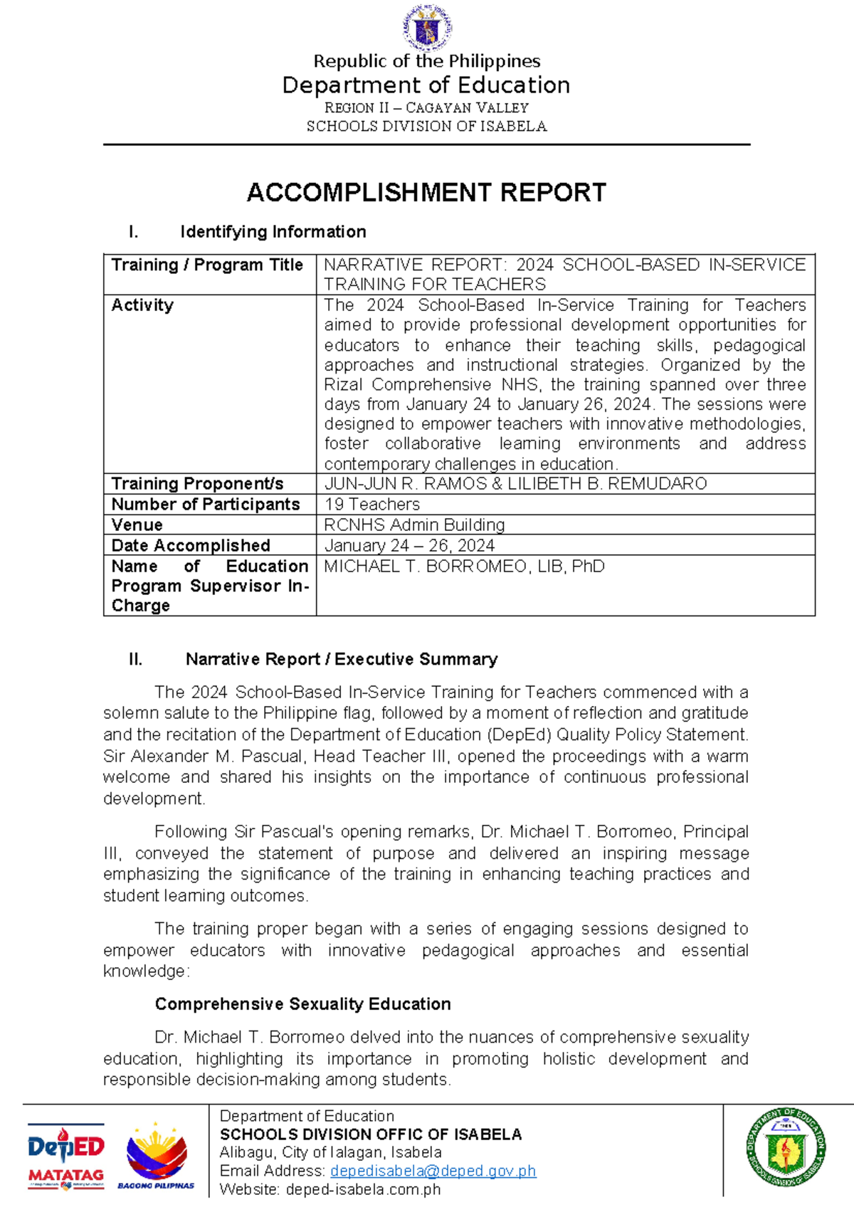 Accomplishment-Report - Inset 2024 - Department of Education SCHOOLS ...