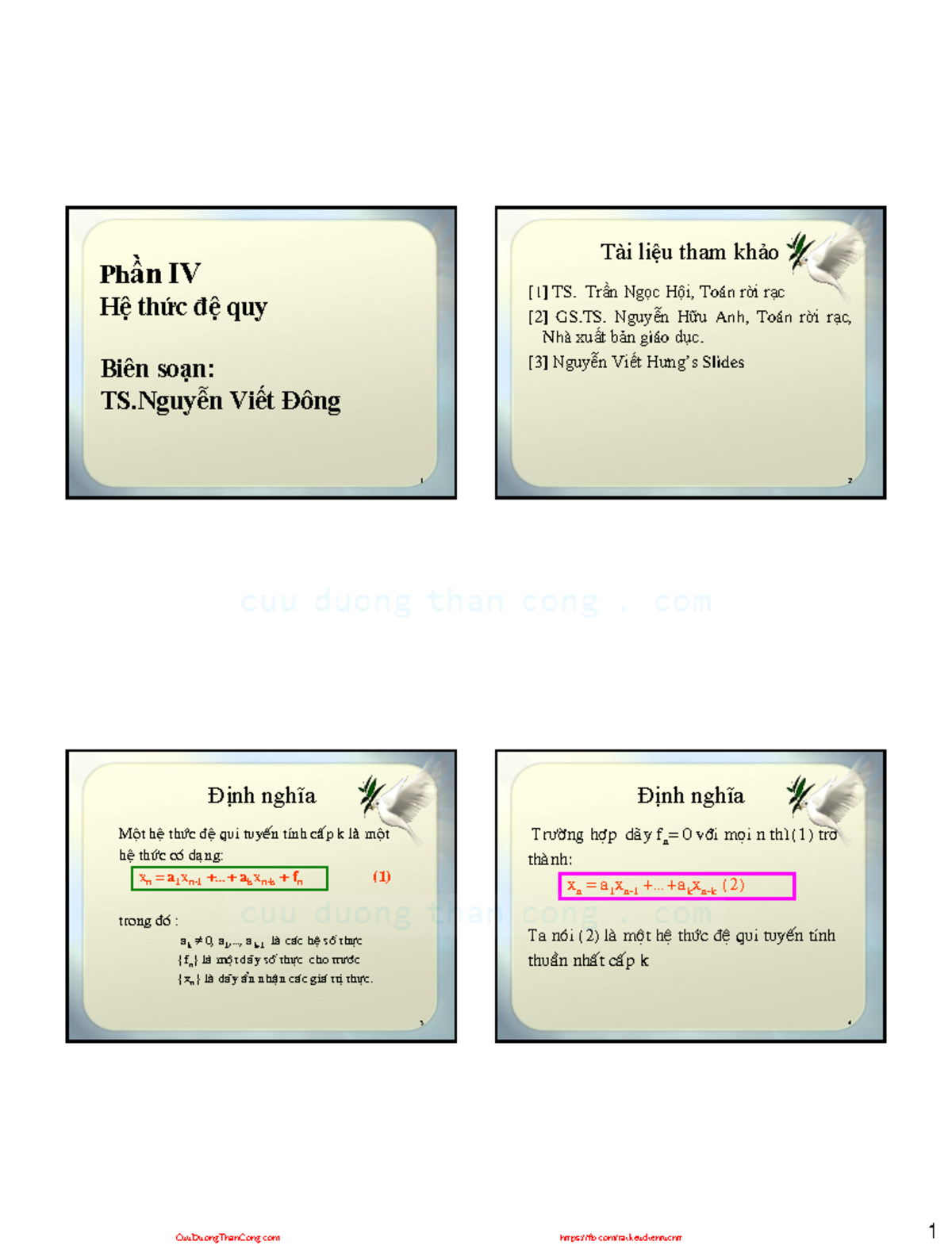 Toan-roi-rac nguyen-viet-dong 4.he-thuc-de-quy - [cuuduongthancong - 1 Phần IV Hệ thức đệ quy ...