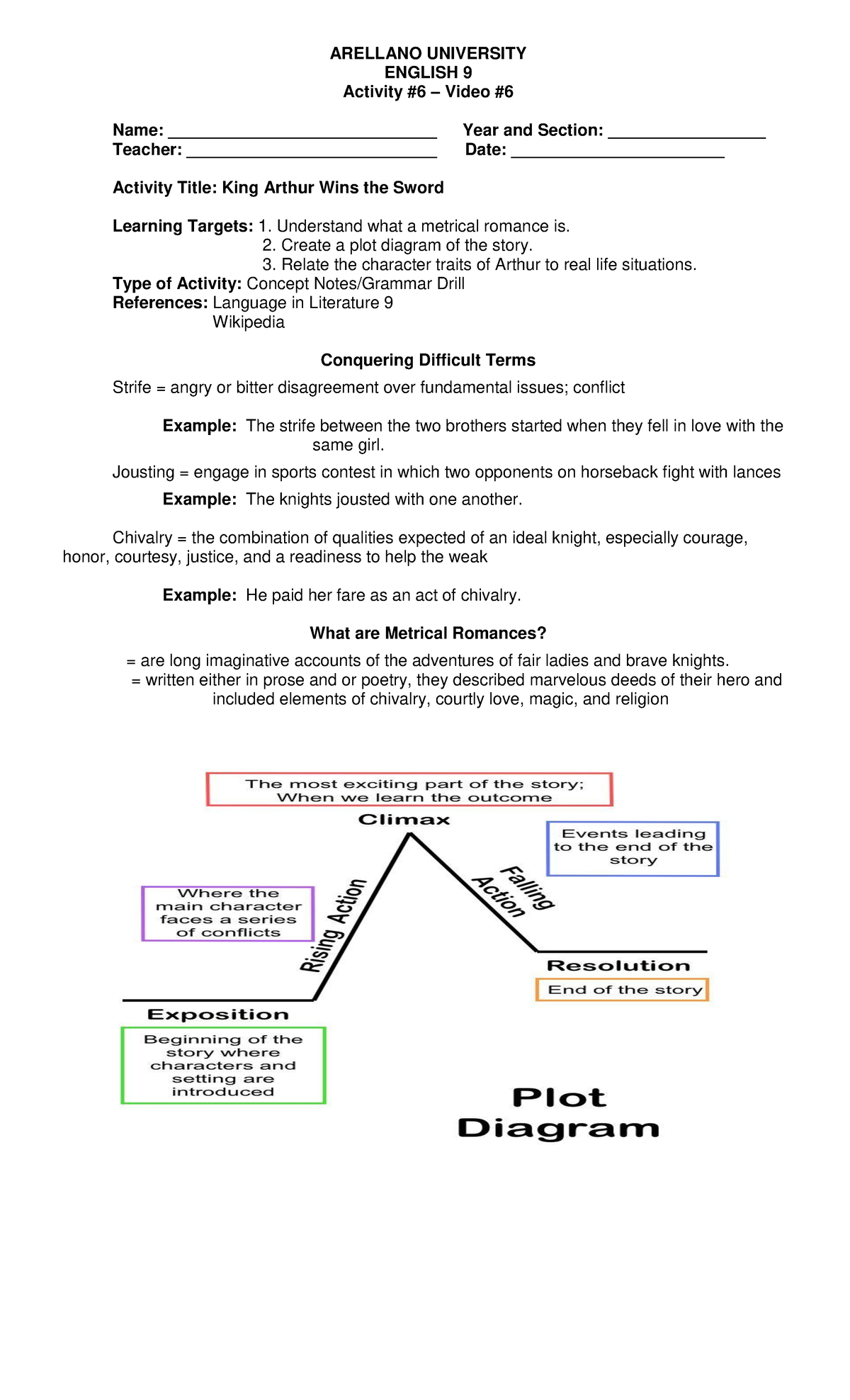 Lesson 6 - King Arthur - n/a - ARELLANO UNIVERSITY ENGLISH 9 Activity ...