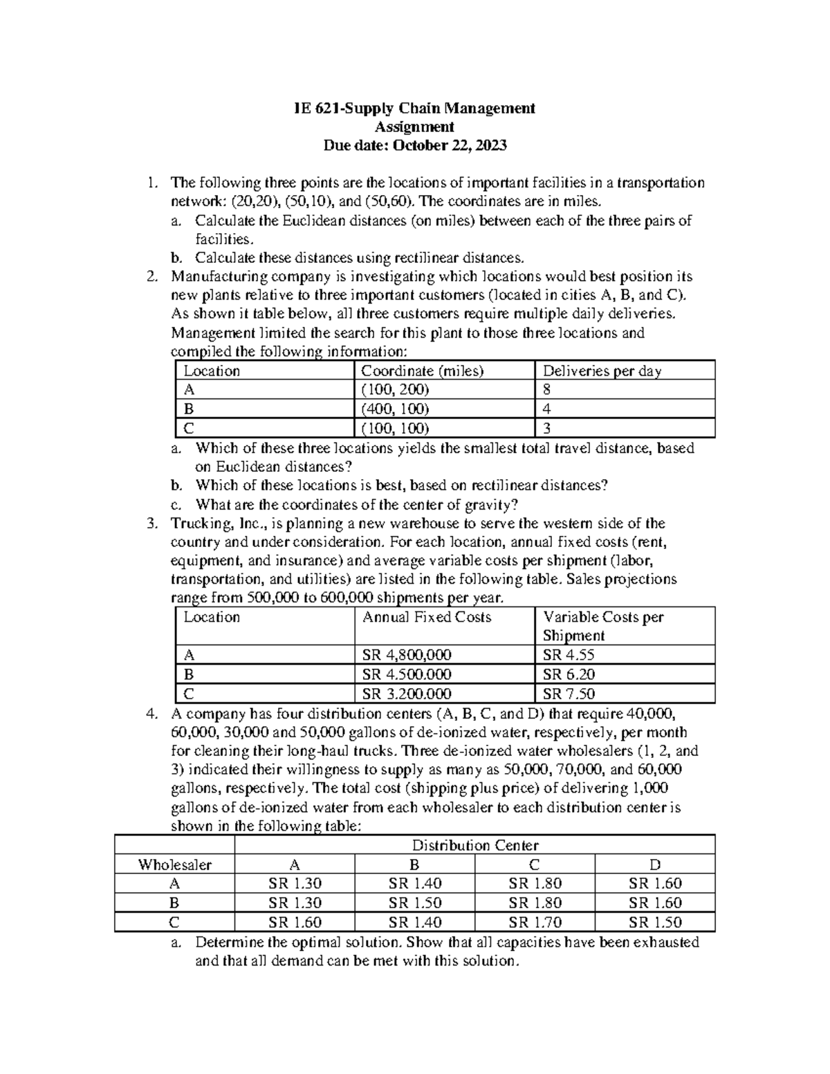 Assignment 1 - Facility Locations - IE 621 - Supply Chain Management ...