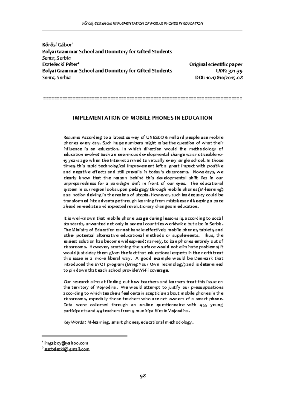 2015-Implementation of Mobile Phones in Education - - Studocu