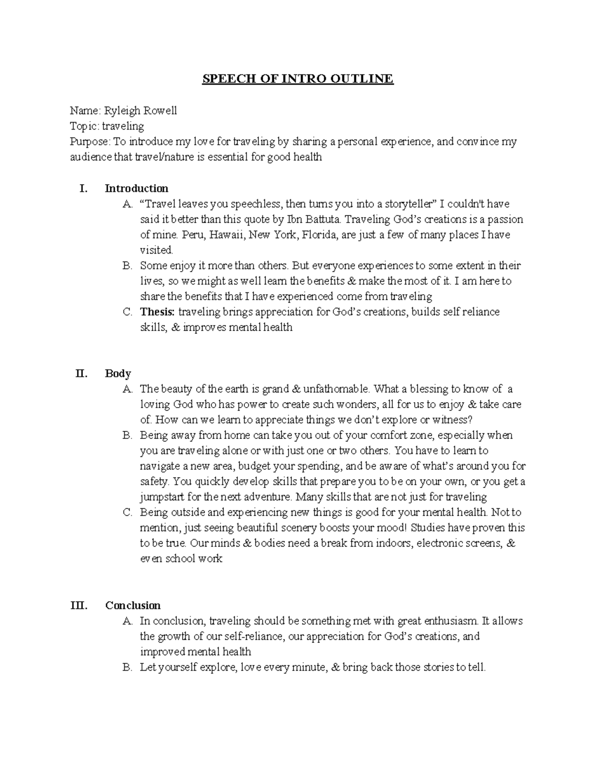 Speech of intro(#2) - SPEECH OF INTRO OUTLINE Name: Ryleigh Rowell ...