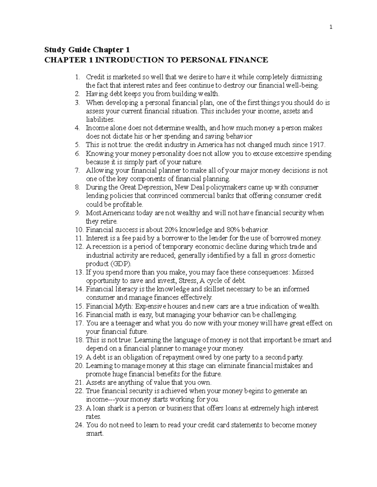 Chapter 1 Introduction TO Personal Finance Study Sheet Revised - 1 ...