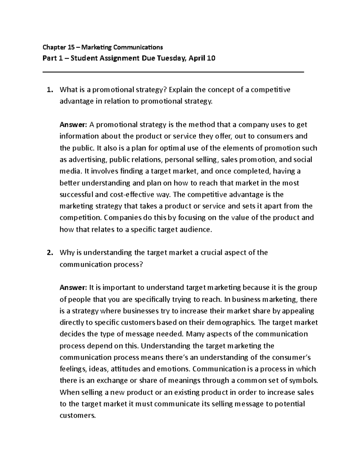 Chapter 15 Marketing Assignment - Chapter 15 – Marketing Communications ...