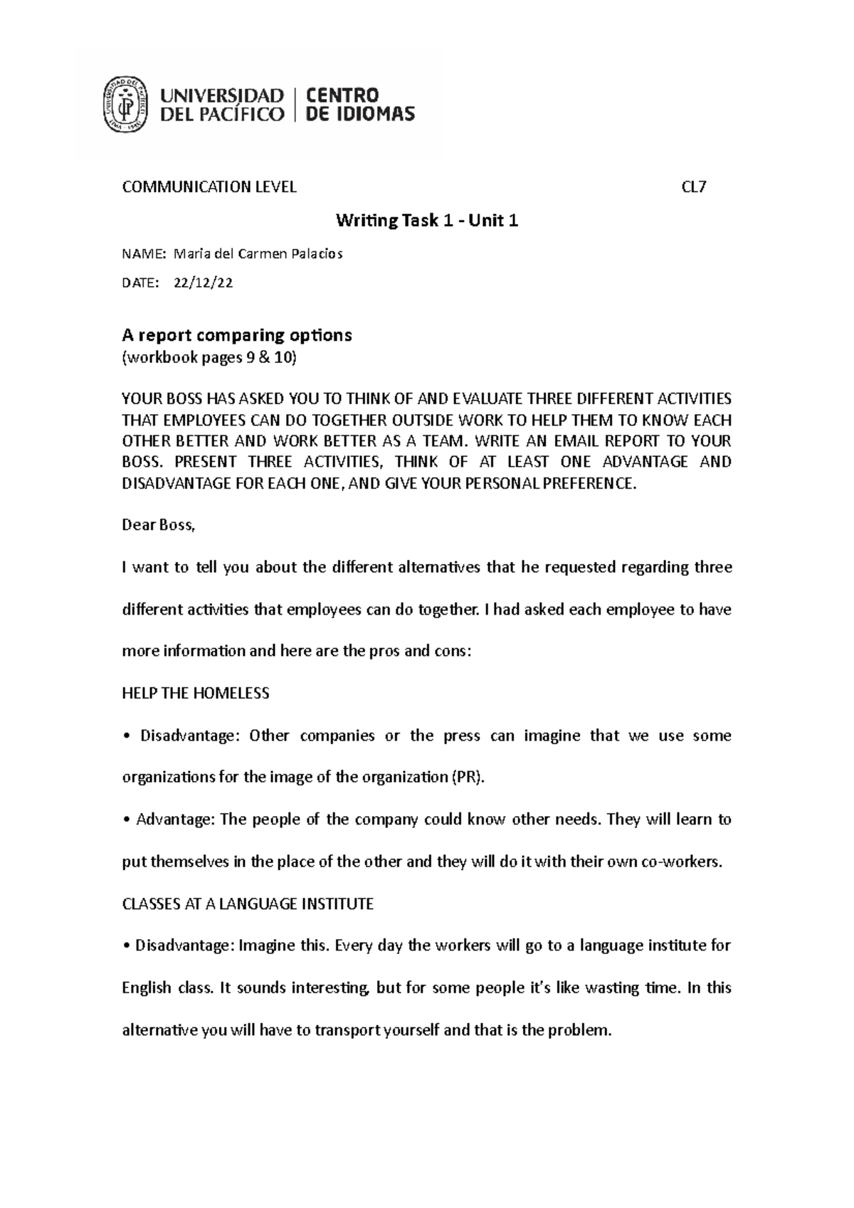 CL7 - Writing Task 1 - U1 v.1 - COMMUNICATION LEVEL CL Writing Task 1 ...