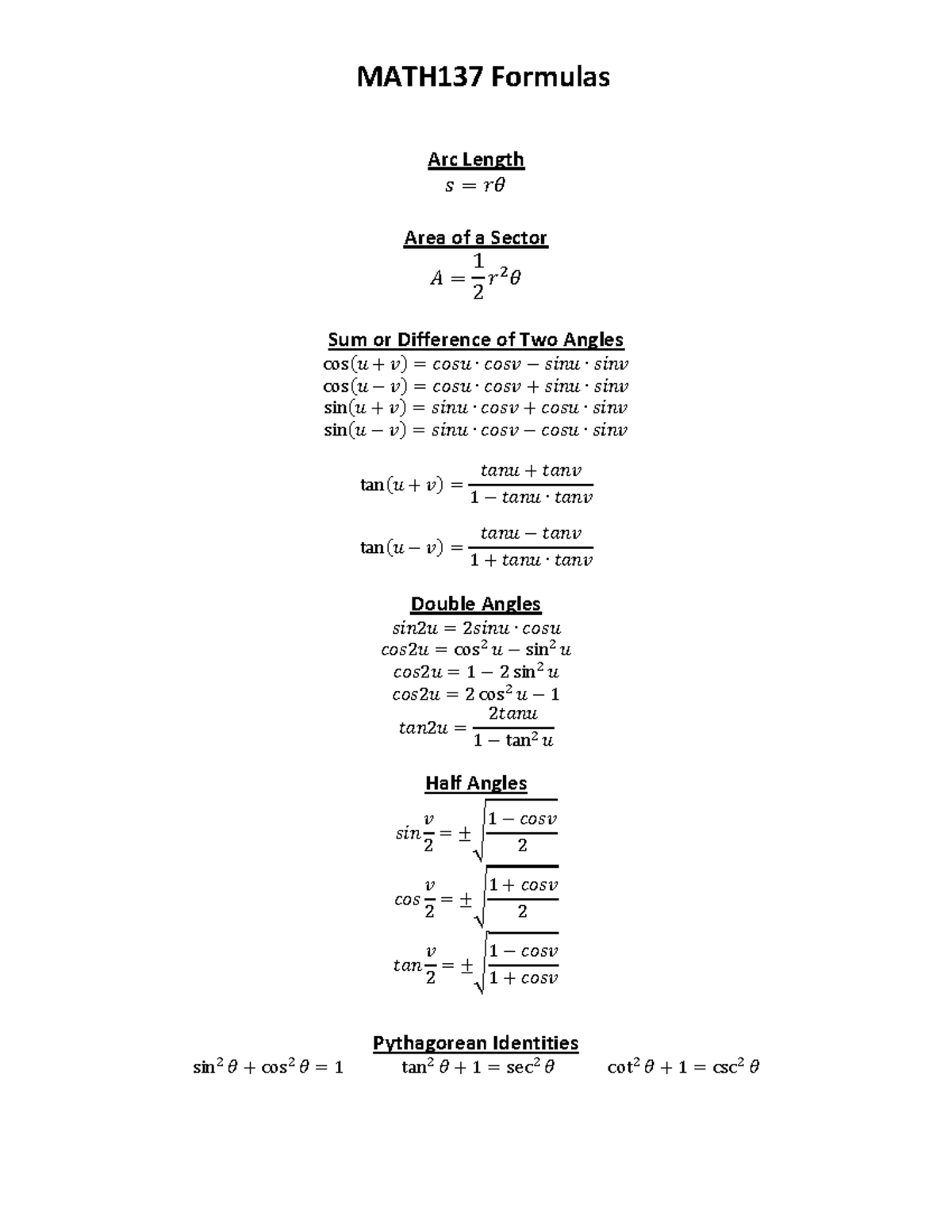 MATH137 Formula Sheet and Unit Circle - MATH137 Formulas Arc Length 𝑠 = 𝑟𝜃 Area of a Sector 𝐴 ...