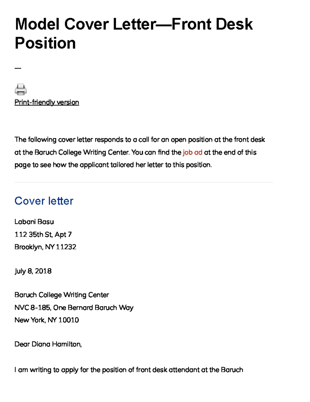 Model Cover Letter—Front Desk Position - MCA 37500 - CCNY - Studocu