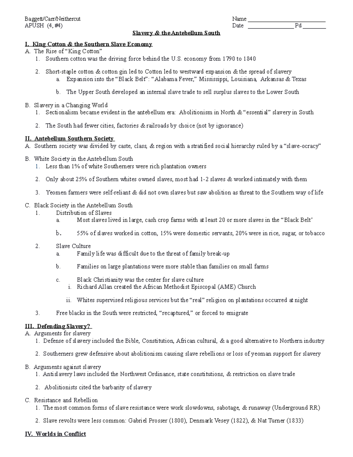 4Slavery&the Antebellum South Notes - Baggett/Carr/Neithercut Name