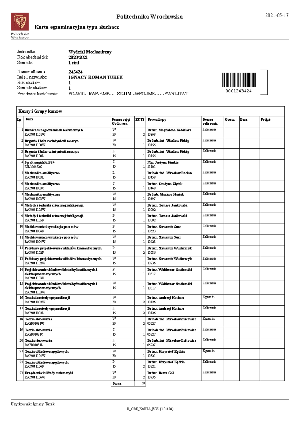 Raport R OBE Karta EGZ - Dokument zawiera spis przedmiotów i kursów ...