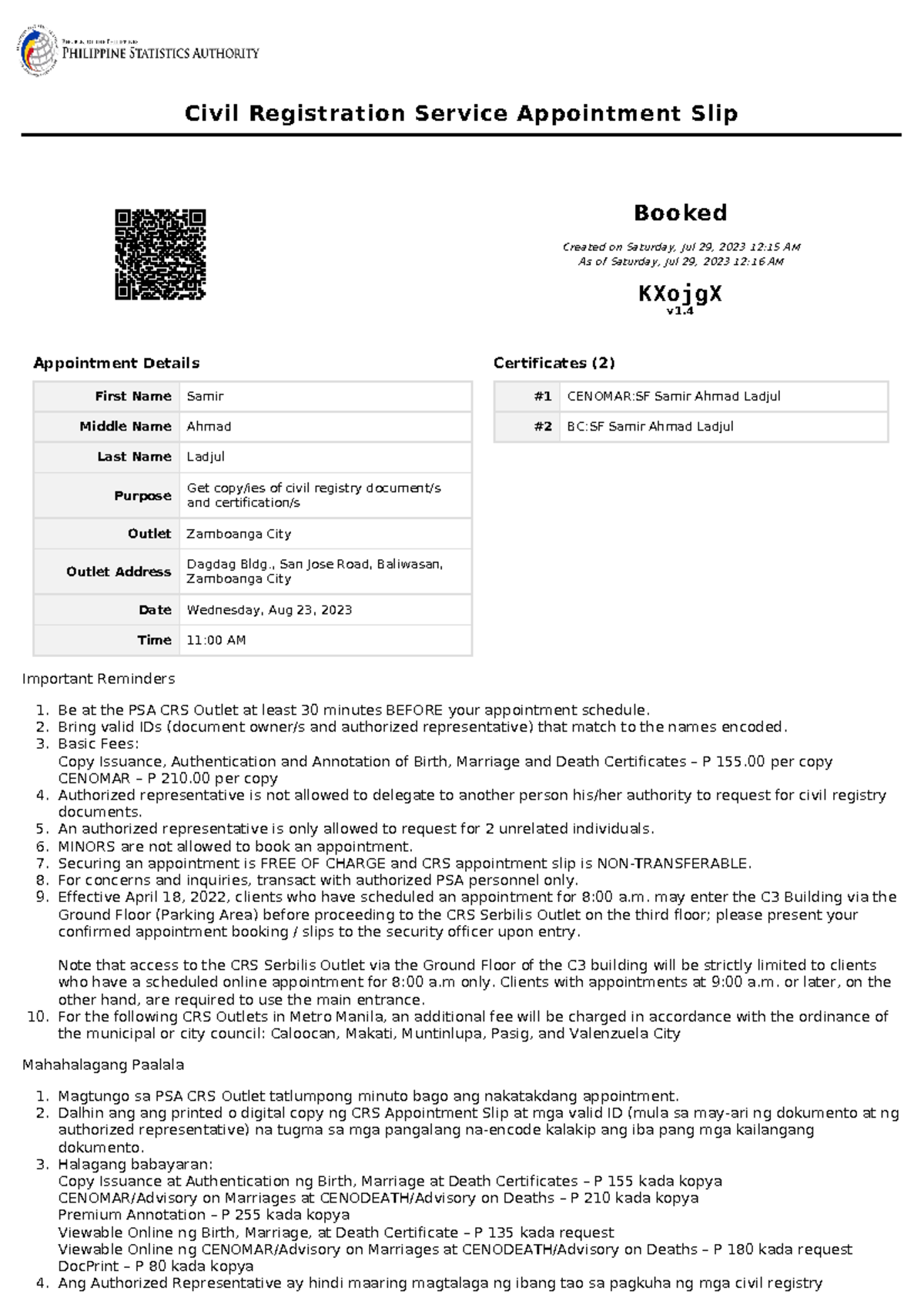 KXojg X - N/A - Civil Registration Service Appointment Slip Booked ...