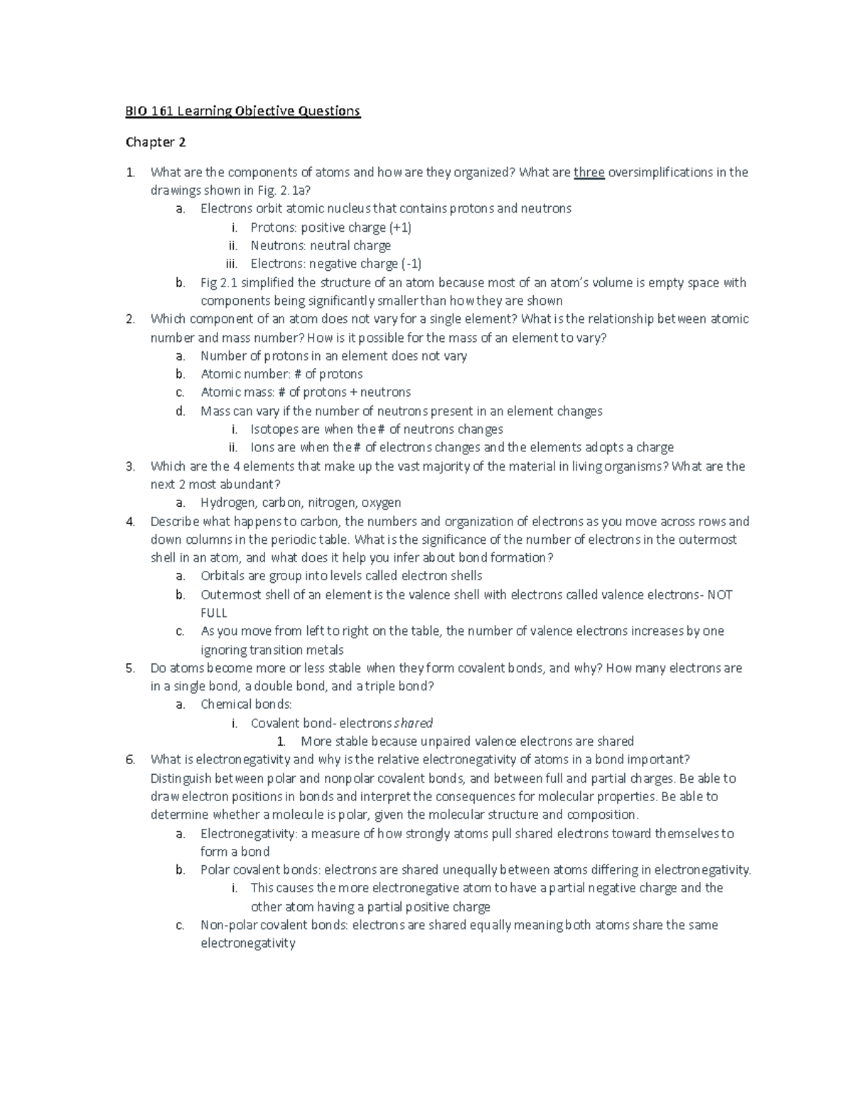 BIO 161 Part 1 - Specific answers to the learning objectives that ...