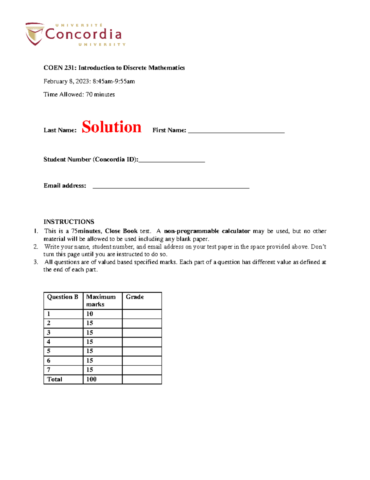 Midterm 1B Solution Winter 2023 - COEN 231: Introduction to Discrete Mathematics February 8 ...