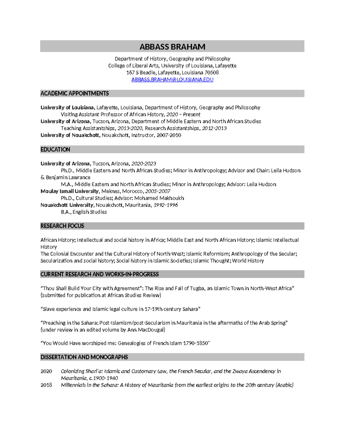CV^J Braham 2022 - ABBASS BRAHAM Department of History, Geography and ...