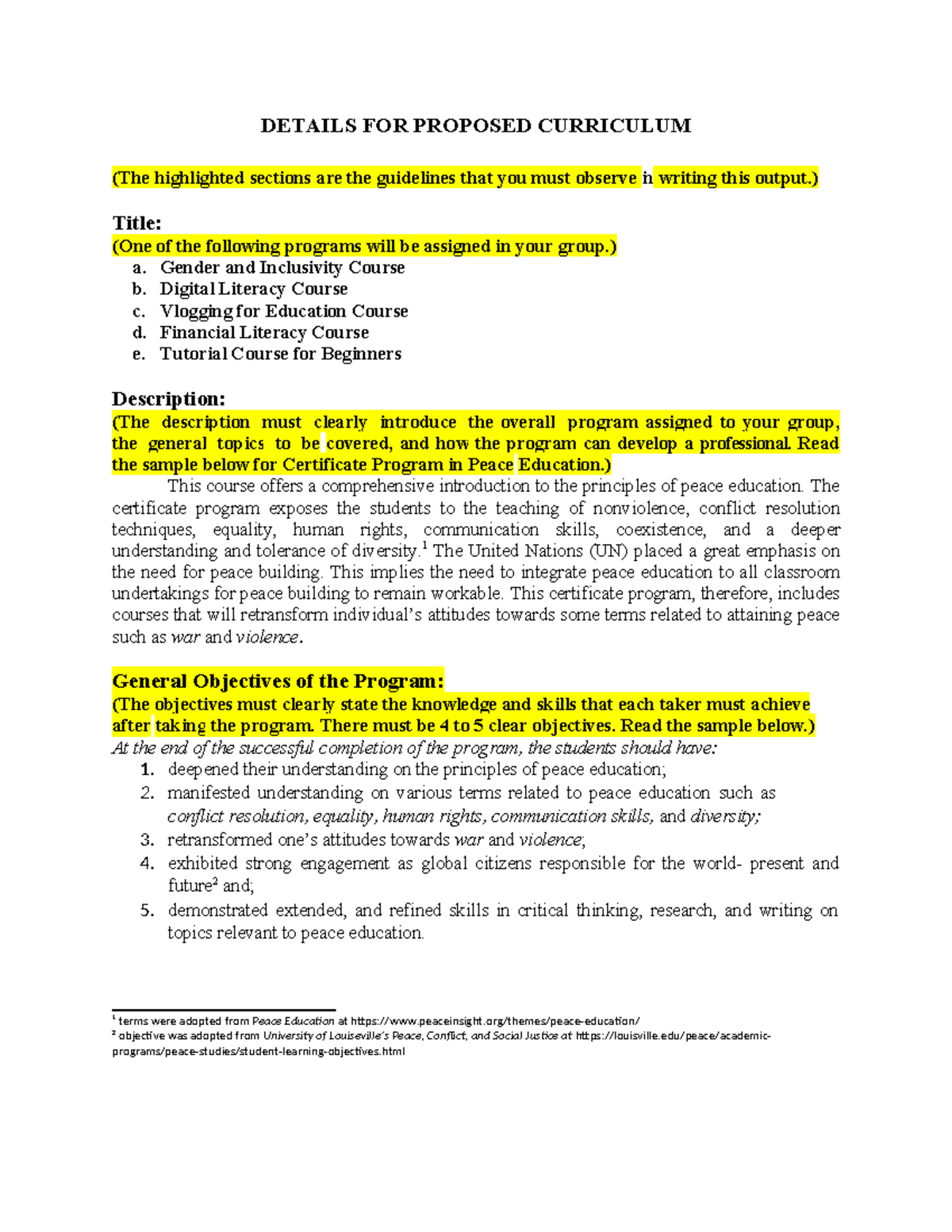 Sample of Proposed Curriculum with Details - DETAILS FOR PROPOSED ...