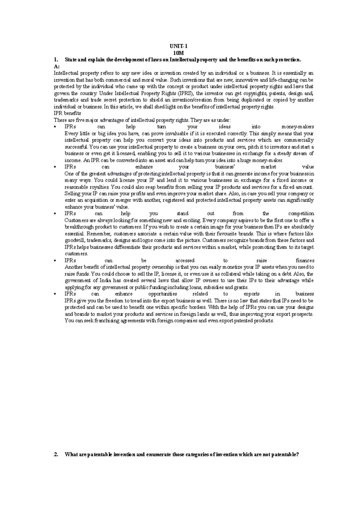 IPR - UNIT 1 - Notes for KSLU Exam - UNIT- 10M State and explain the ...