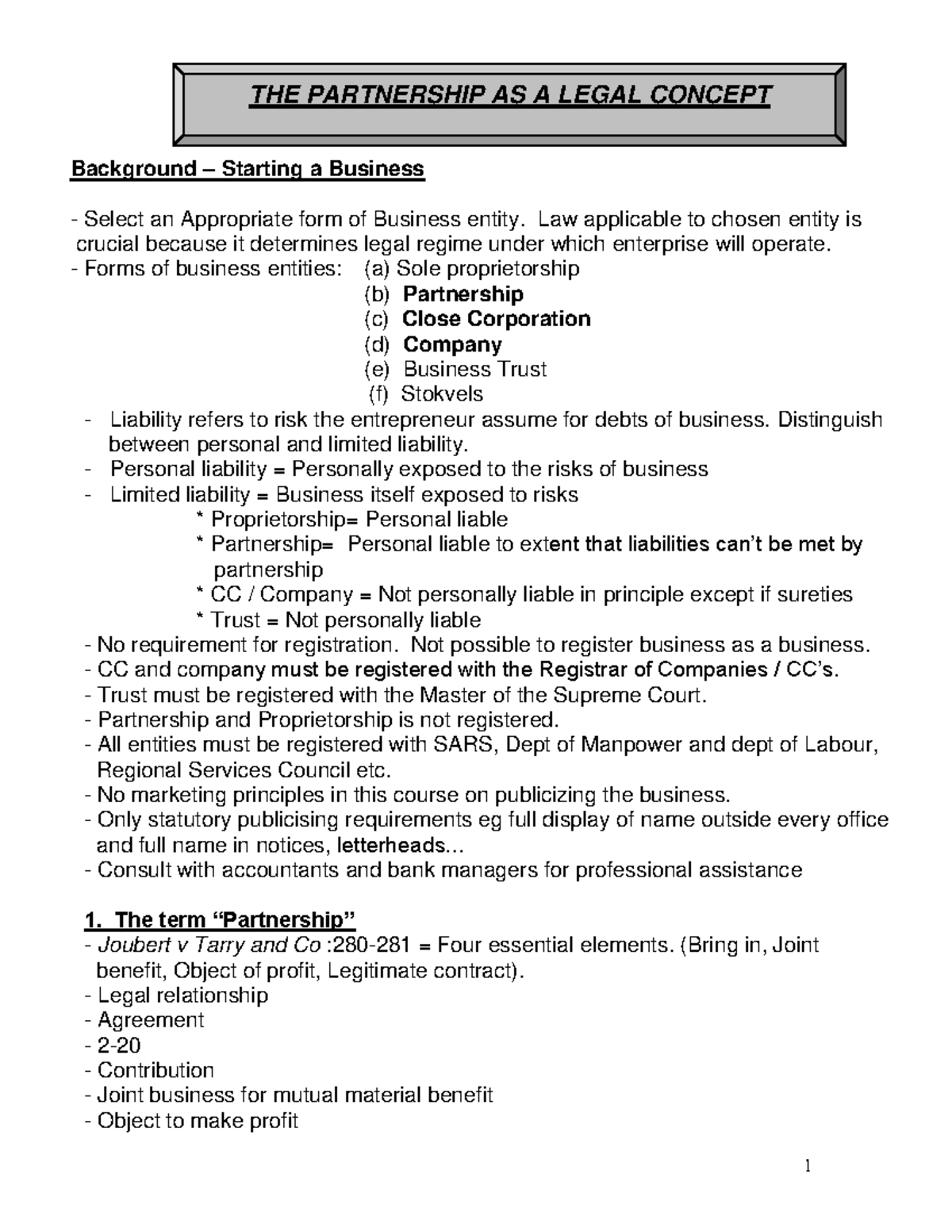 Partnership & CC notes - Background – Starting a Business Select an ...