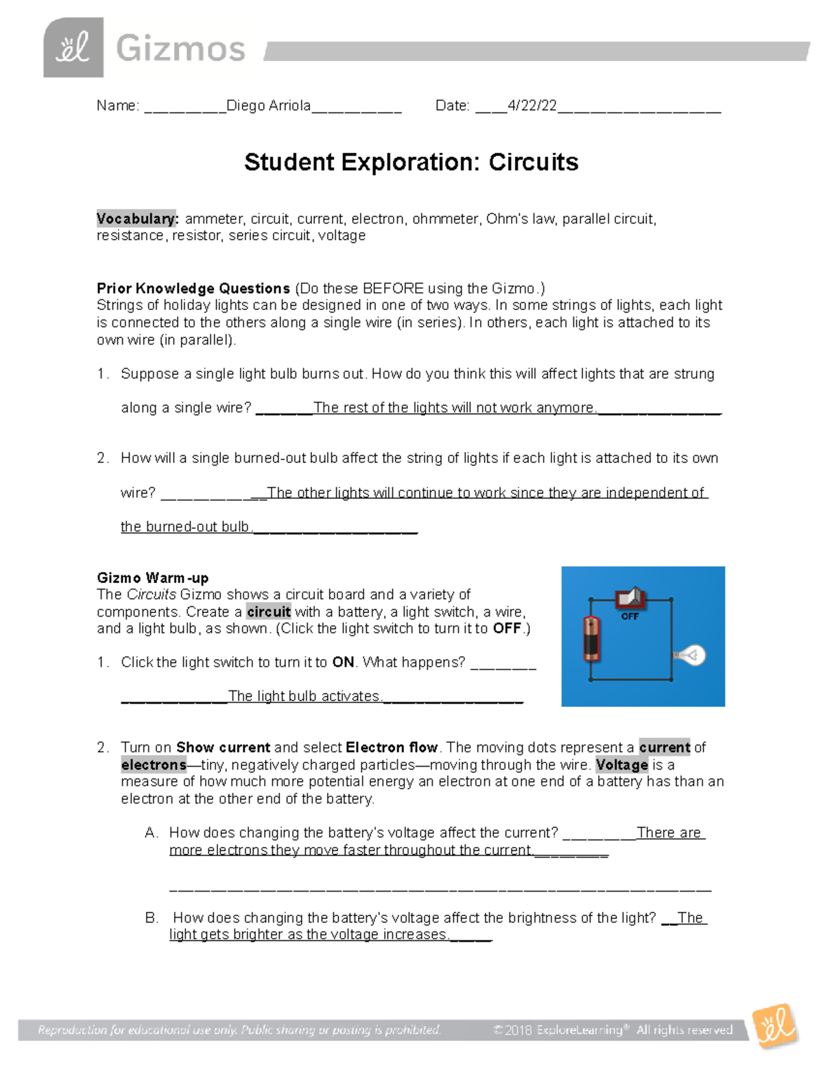 Circuits Student Exploration Gizmo Worksheet - Name: Diego Arriola ...